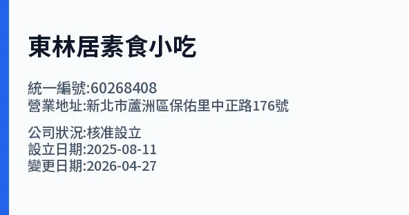 東林居素食小吃的照片-統編 60268408(新北市) 公司登記資料與營業項目詳細圖表