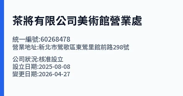 茶將有限公司美術館營業處的照片-統編 60268478(新北市) 公司登記資料與營業項目詳細圖表