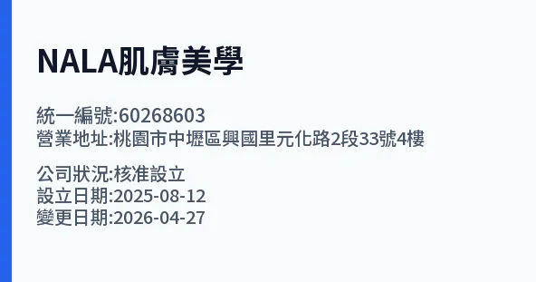 NALA肌膚美學的照片-統編 60268603(桃園市) 公司登記資料與營業項目詳細圖表