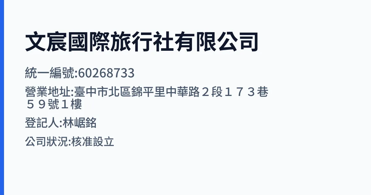 文宸國際旅行社有限公司 - 統編 60268733(臺中市) 公司登記資料與營業項目詳細圖表
