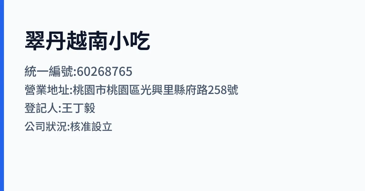 翠丹越南小吃 - 統編 60268765(桃園市) 公司登記資料與營業項目詳細圖表