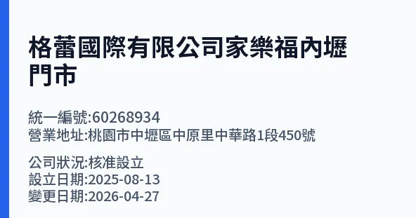 格蕾國際有限公司家樂福內壢門市的照片-統編 60268934(桃園市) 公司登記資料與營業項目詳細圖表