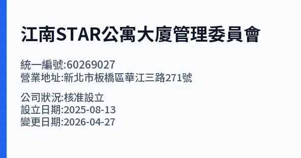 江南STAR公寓大廈管理委員會的照片-統編 60269027(新北市) 公司登記資料與營業項目詳細圖表