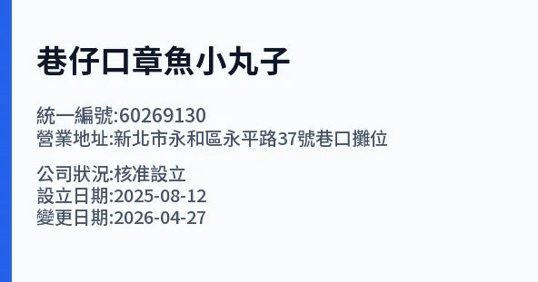 巷仔口章魚小丸子的照片-統編 60269130(新北市) 公司登記資料與營業項目詳細圖表