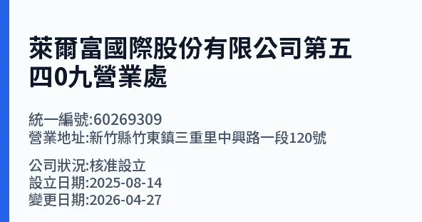 萊爾富國際股份有限公司第五四0九營業處的照片-統編 60269309(新竹縣) 公司登記資料與營業項目詳細圖表