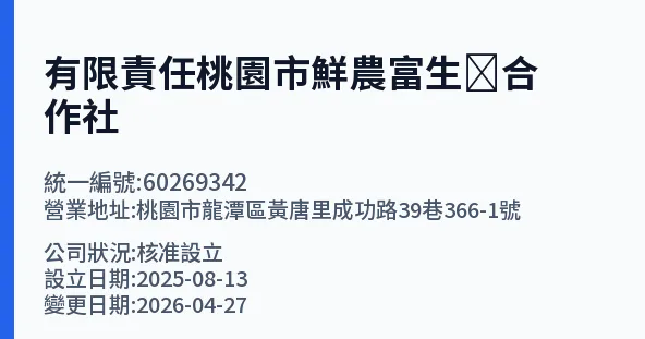 有限責任桃園市鮮農富生産合作社的照片-統編 60269342(桃園市) 公司登記資料與營業項目詳細圖表