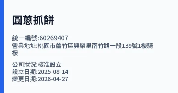 圓蔥抓餅的照片-統編 60269407(桃園市) 公司登記資料與營業項目詳細圖表