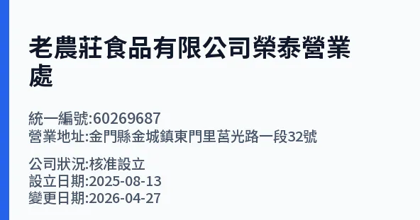 老農莊食品有限公司榮泰營業處的照片-統編 60269687(金門縣) 公司登記資料與營業項目詳細圖表