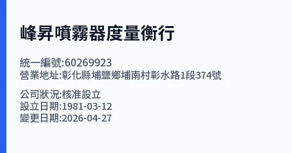 峰昇噴霧器度量衡行的照片-統編 60269923(彰化縣) 公司登記資料與營業項目詳細圖表