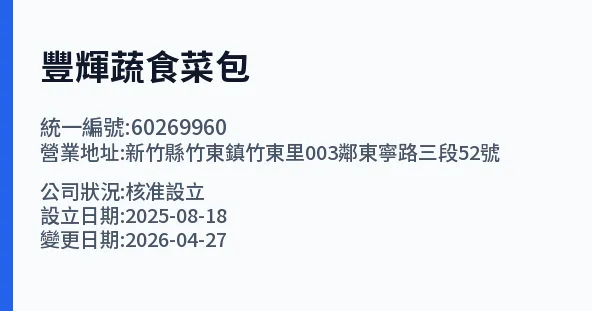豐輝蔬食菜包的照片-統編 60269960(新竹縣) 公司登記資料與營業項目詳細圖表