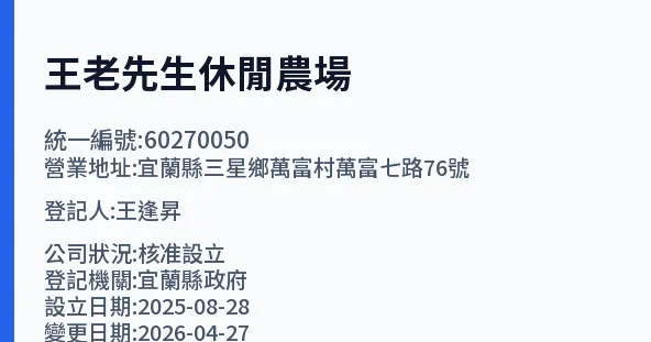 王老先生休閒農場的照片-統編 60270050(宜蘭縣) 公司登記資料與營業項目詳細圖表