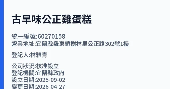 古早味公正雞蛋糕的照片-統編 60270158(宜蘭縣) 公司登記資料與營業項目詳細圖表