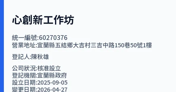 心創新工作坊的照片-統編 60270376(宜蘭縣) 公司登記資料與營業項目詳細圖表