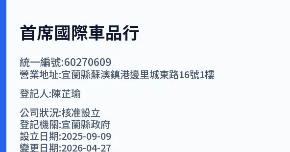 首席國際車品行的照片-統編 60270609(宜蘭縣) 公司登記資料與營業項目詳細圖表