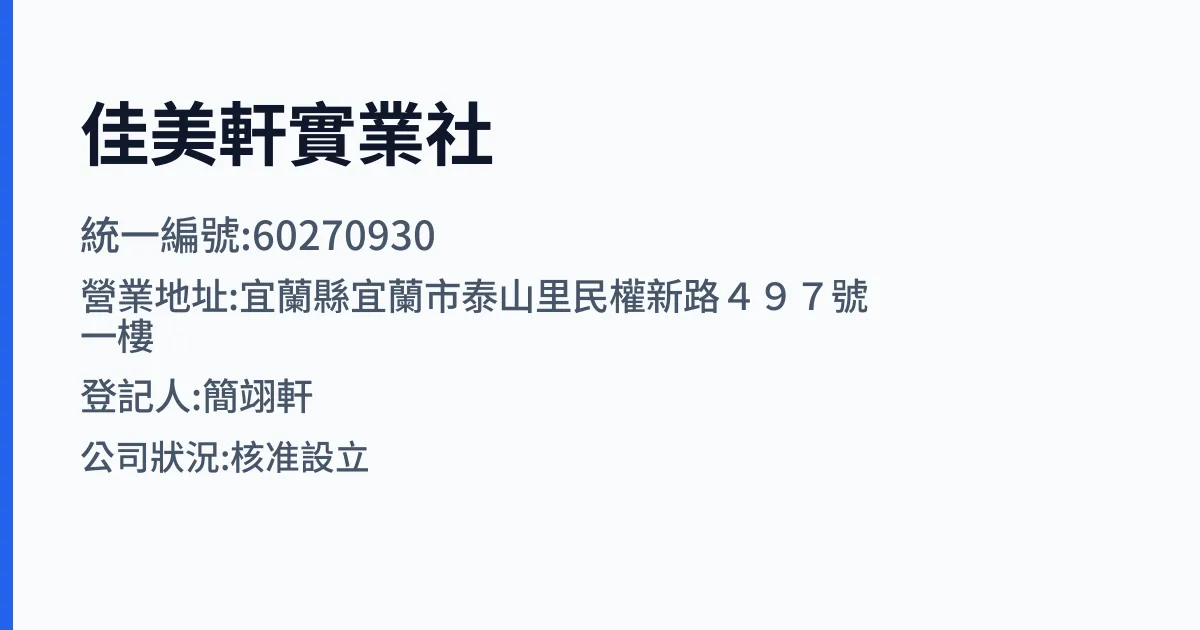佳美軒實業社 - 統編 60270930(宜蘭縣) 公司登記資料與營業項目詳細圖表