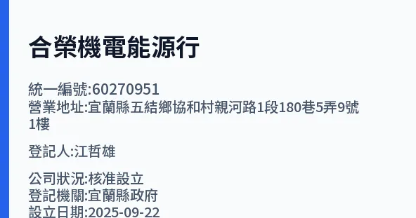 合榮機電能源行的照片-統編 60270951(宜蘭縣) 公司登記資料與營業項目詳細圖表
