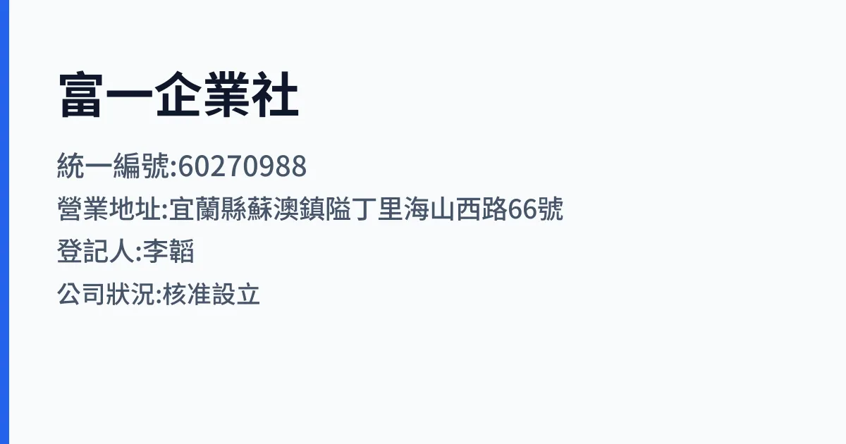 富一企業社 - 統編 60270988（宜蘭縣） 公司登記資料與營業項目詳細圖表