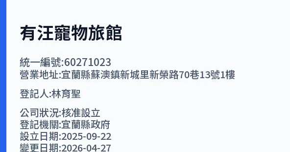 有汪寵物旅館的照片-統編 60271023(宜蘭縣) 公司登記資料與營業項目詳細圖表