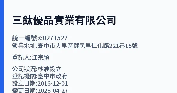 三鈦優品實業有限公司的照片-統編 60271527(臺中市) 公司登記資料與營業項目詳細圖表