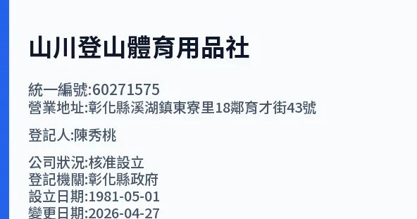 山川登山體育用品社的照片-統編 60271575(彰化縣) 公司登記資料與營業項目詳細圖表