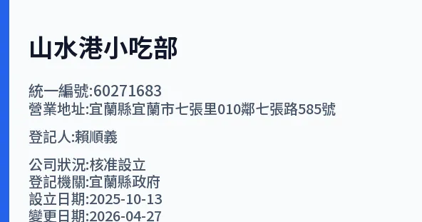 山水港小吃部的照片-統編 60271683(宜蘭縣) 公司登記資料與營業項目詳細圖表