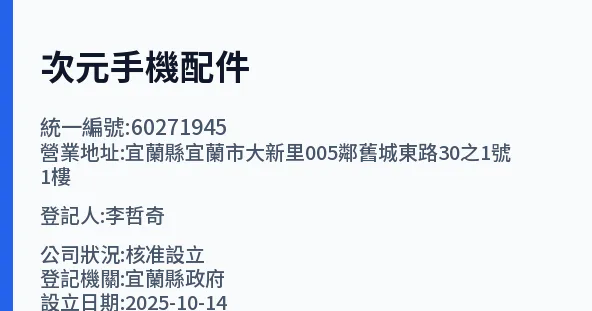 次元手機配件的照片-統編 60271945(宜蘭縣) 公司登記資料與營業項目詳細圖表