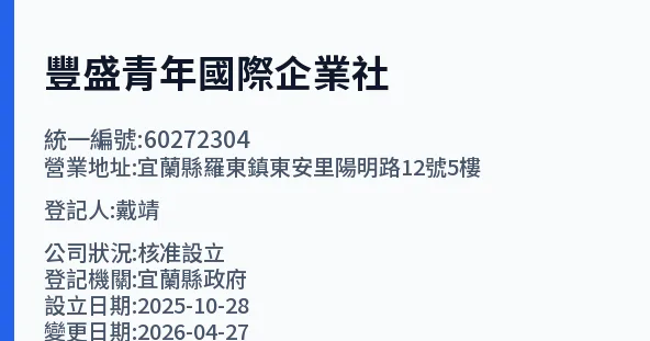 豐盛青年國際企業社的照片-統編 60272304(宜蘭縣) 公司登記資料與營業項目詳細圖表
