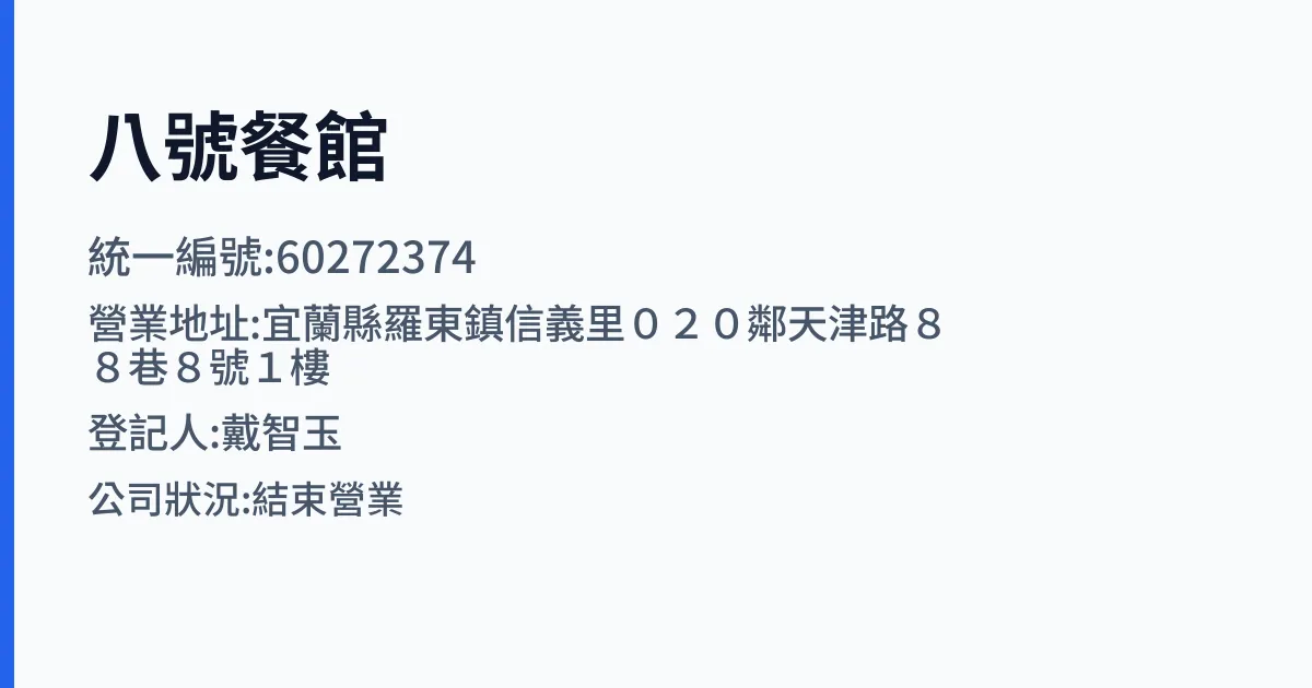 八號餐館 - 統編 60272374(宜蘭縣) 公司登記資料與營業項目詳細圖表