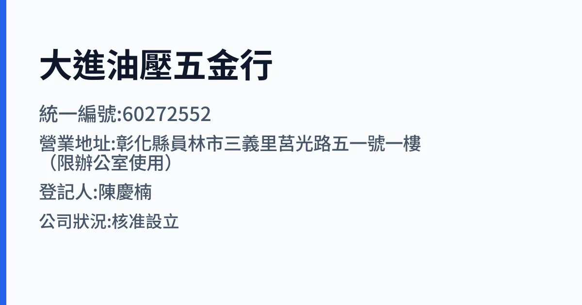 大進油壓五金行 - 統編 60272552(彰化縣) 公司登記資料與營業項目詳細圖表