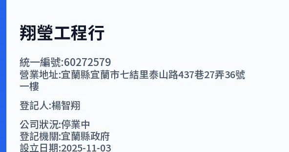 翔瑩工程行的照片-統編 60272579(宜蘭縣) 公司登記資料與營業項目詳細圖表