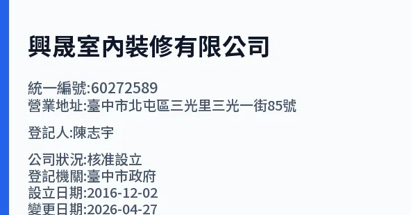 興晟室內裝修有限公司的照片-統編 60272589(臺中市) 公司登記資料與營業項目詳細圖表