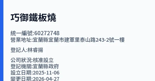 巧御鐵板燒的照片-統編 60272748(宜蘭縣) 公司登記資料與營業項目詳細圖表