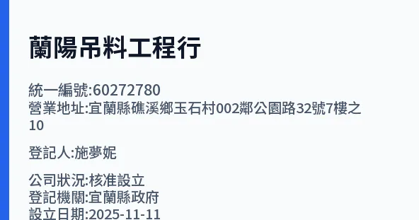 蘭陽吊料工程行的照片-統編 60272780(宜蘭縣) 公司登記資料與營業項目詳細圖表