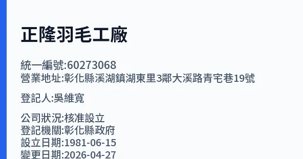 正隆羽毛工廠的照片-統編 60273068(彰化縣) 公司登記資料與營業項目詳細圖表