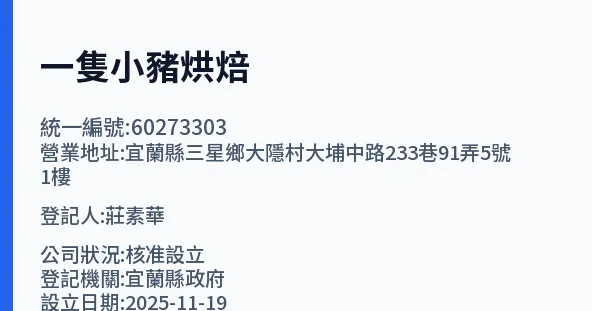 一隻小豬烘焙的照片-統編 60273303(宜蘭縣) 公司登記資料與營業項目詳細圖表