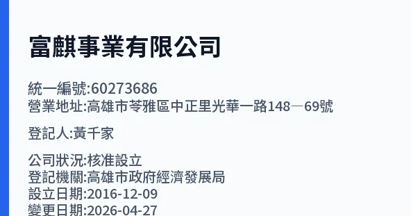 富麒事業有限公司的照片-統編 60273686(高雄市) 公司登記資料與營業項目詳細圖表