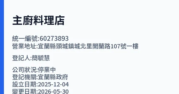 主廚料理店的照片-統編 60273893(宜蘭縣) 公司登記資料與營業項目詳細圖表