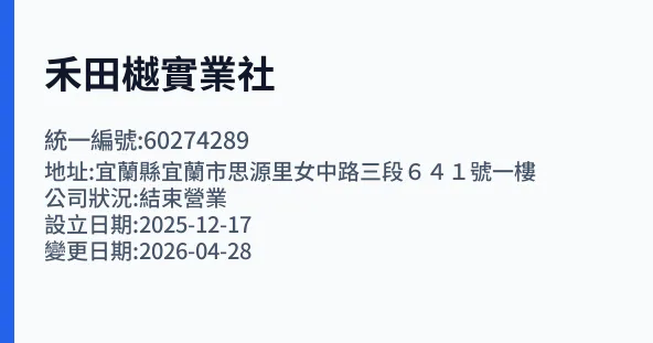 禾田樾實業社的照片-統編 60274289(宜蘭縣) 公司登記資料與營業項目詳細圖表