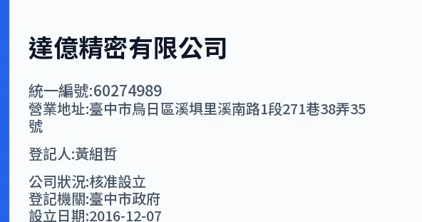 達億精密有限公司的照片-統編 60274989(臺中市) 公司登記資料與營業項目詳細圖表