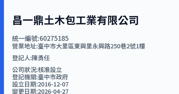昌一鼎土木包工業有限公司的照片-統編 60275185(臺中市) 公司登記資料與營業項目詳細圖表
