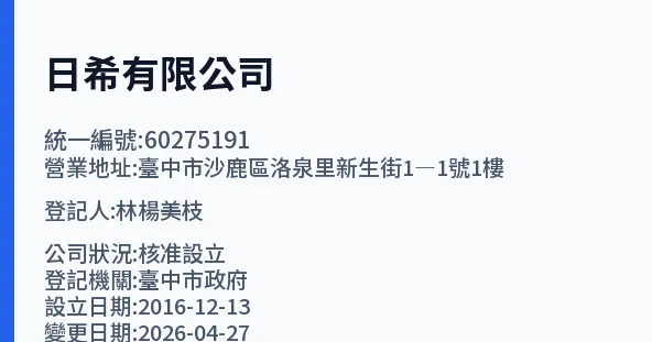 日希有限公司的照片-統編 60275191(臺中市) 公司登記資料與營業項目詳細圖表