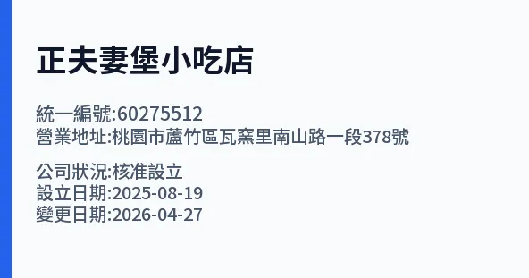 正夫妻堡小吃店的照片-統編 60275512(桃園市) 公司登記資料與營業項目詳細圖表