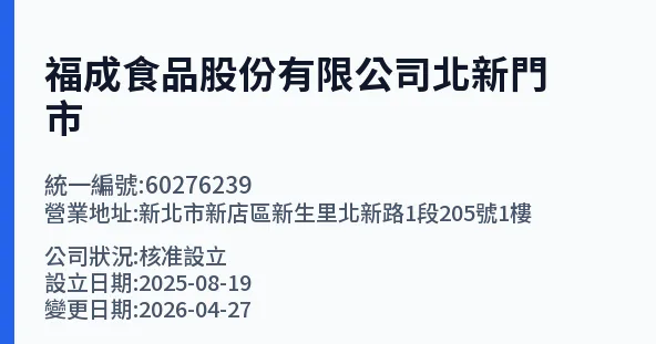 福成食品股份有限公司北新門市的照片-統編 60276239(新北市) 公司登記資料與營業項目詳細圖表