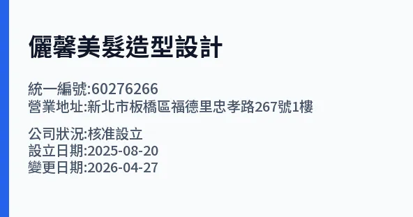 儷馨美髮造型設計的照片-統編 60276266(新北市) 公司登記資料與營業項目詳細圖表