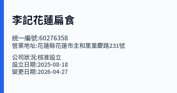 李記花蓮扁食的照片-統編 60276358(花蓮縣) 公司登記資料與營業項目詳細圖表