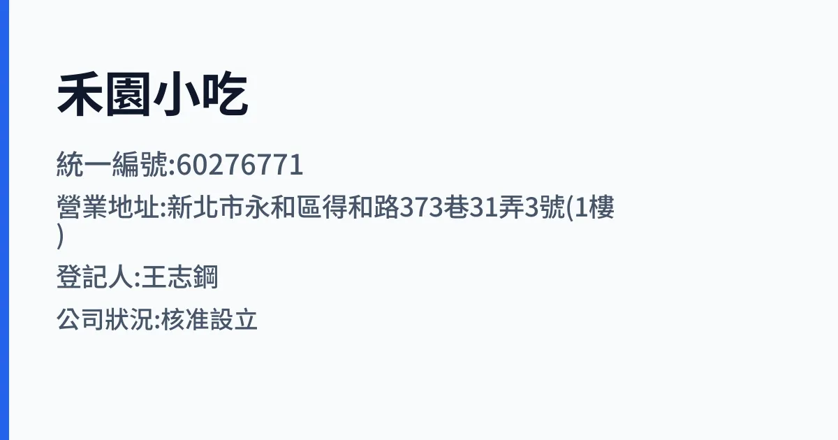 禾園小吃 - 統編 60276771(新北市) 公司登記資料與營業項目詳細圖表