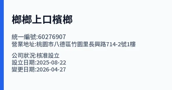 榔榔上口檳榔的照片-統編 60276907(桃園市) 公司登記資料與營業項目詳細圖表
