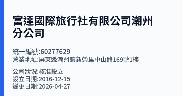 富達國際旅行社有限公司潮州分公司的照片-統編 60277629(屏東縣) 公司登記資料與營業項目詳細圖表