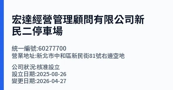 宏達經營管理顧問有限公司新民二停車場的照片-統編 60277700(新北市) 公司登記資料與營業項目詳細圖表