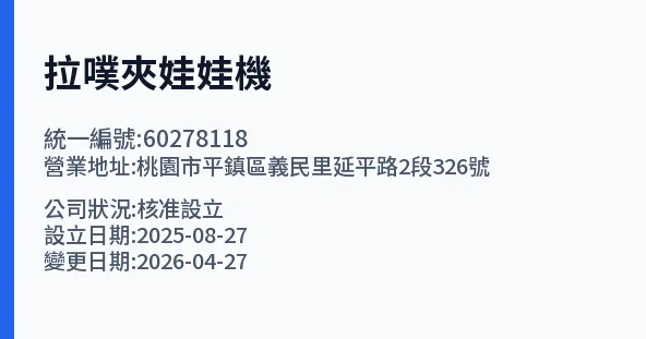 拉噗夾娃娃機的照片-統編 60278118(桃園市) 公司登記資料與營業項目詳細圖表